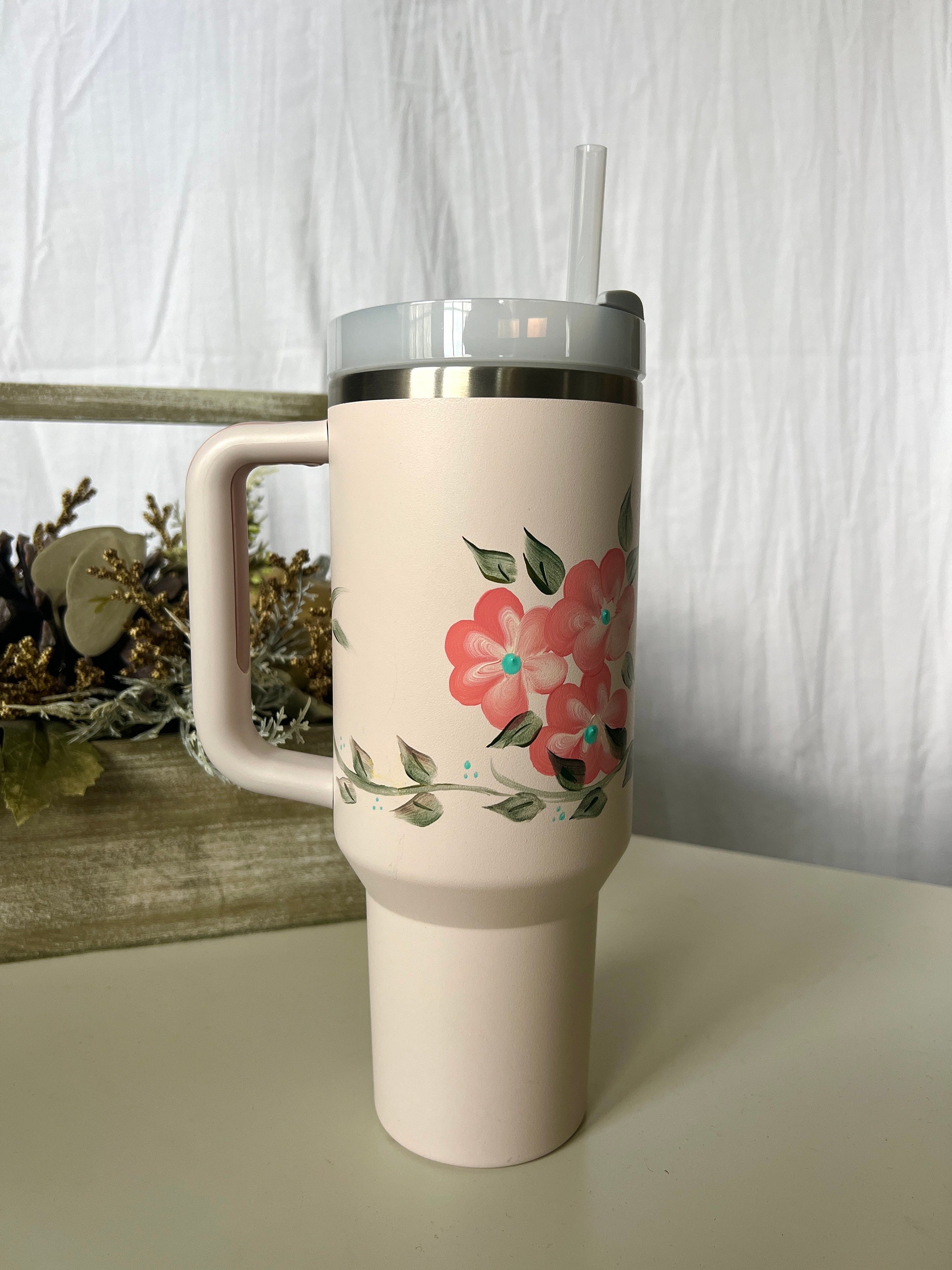 Painted Stanley 40oz Rose Quartz Tumbler, Floral Design Painted Stanley ...
