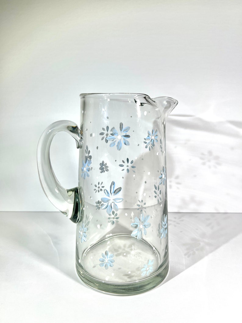 Painted Holiday Winter Daisy Glass Pitcher With Stemless Glasses Set ...