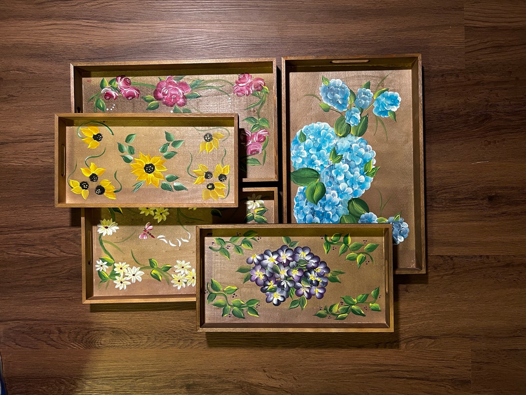 Hand Painted Floral Wooden Nesting Trays, Individual or Set of Painted Serving Trays, Decorative ...
