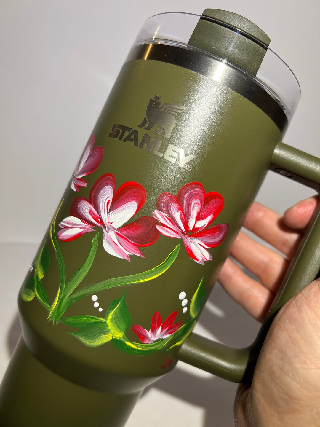 Painted Stanley 40oz Dark Green Tumbler, Floral Design Painted Stanley ...