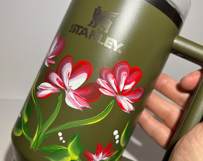 Painted Stanley 40oz Dark Green Tumbler, Floral Design Painted Stanley ...