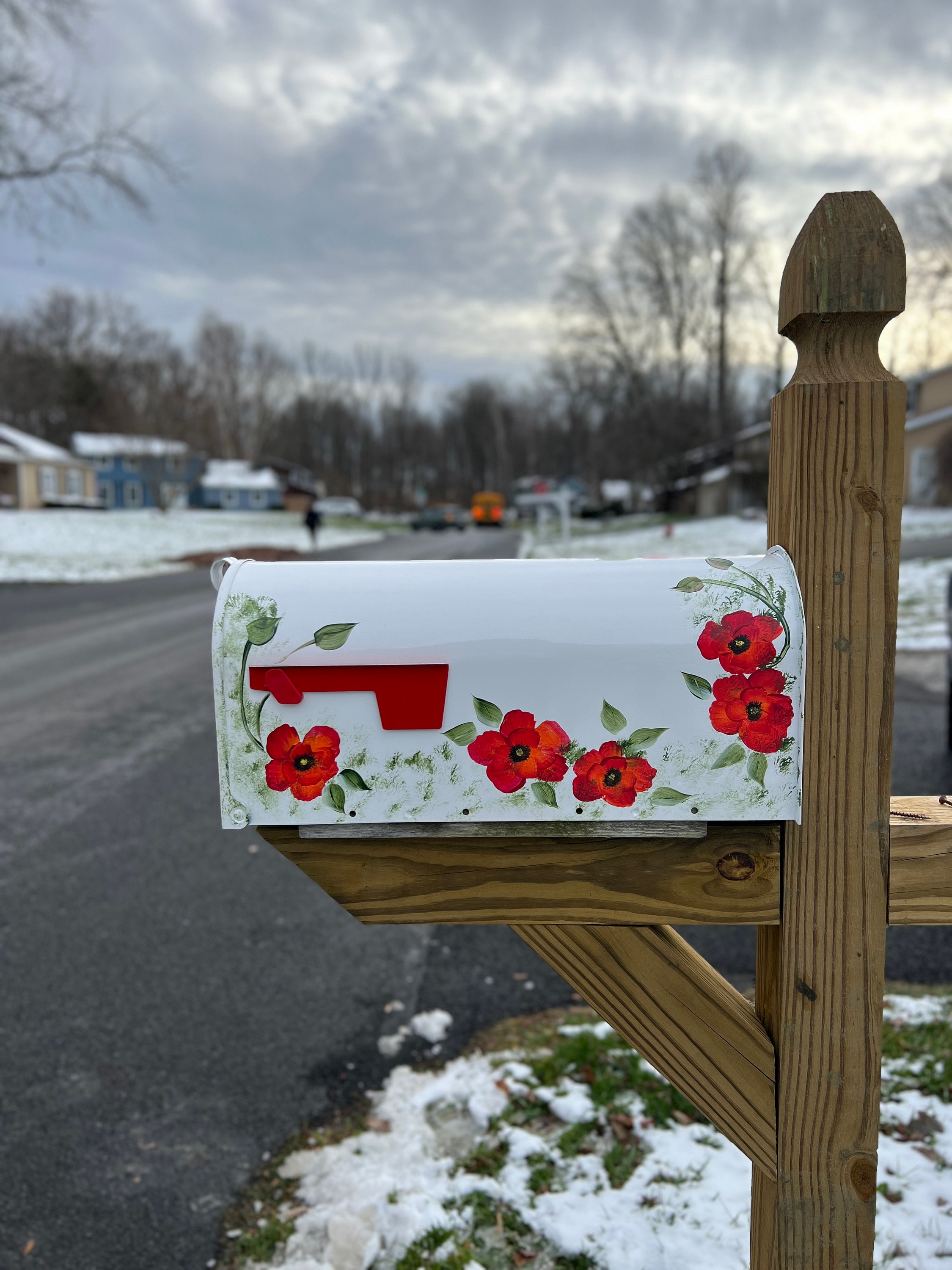 Hand Painted Poppy Mailbox, Red Poppy With Green Vines Mailbox, White ...