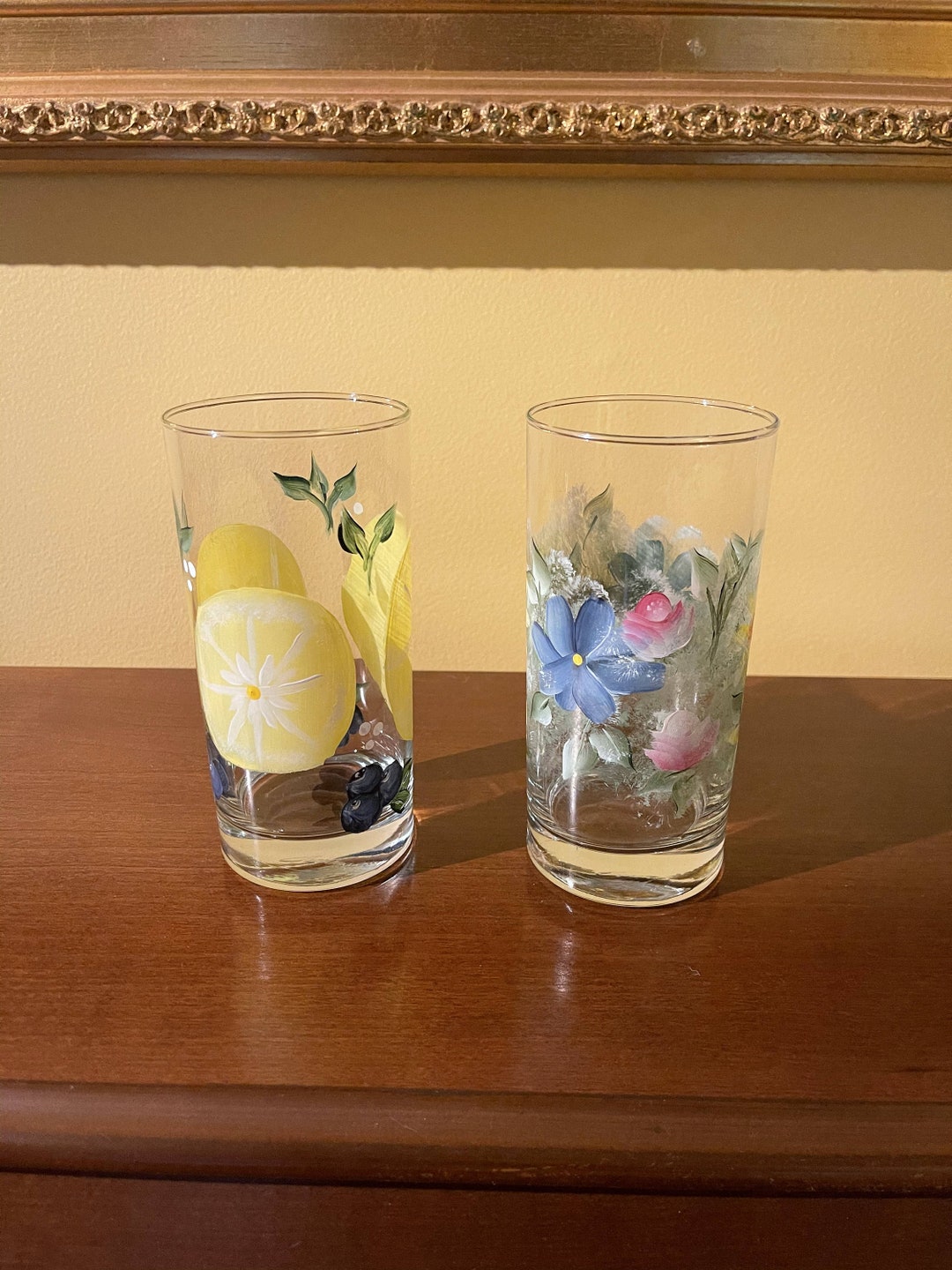 Hand Painted Water Glasses With Lemons and Blueberries or Wildflower ...