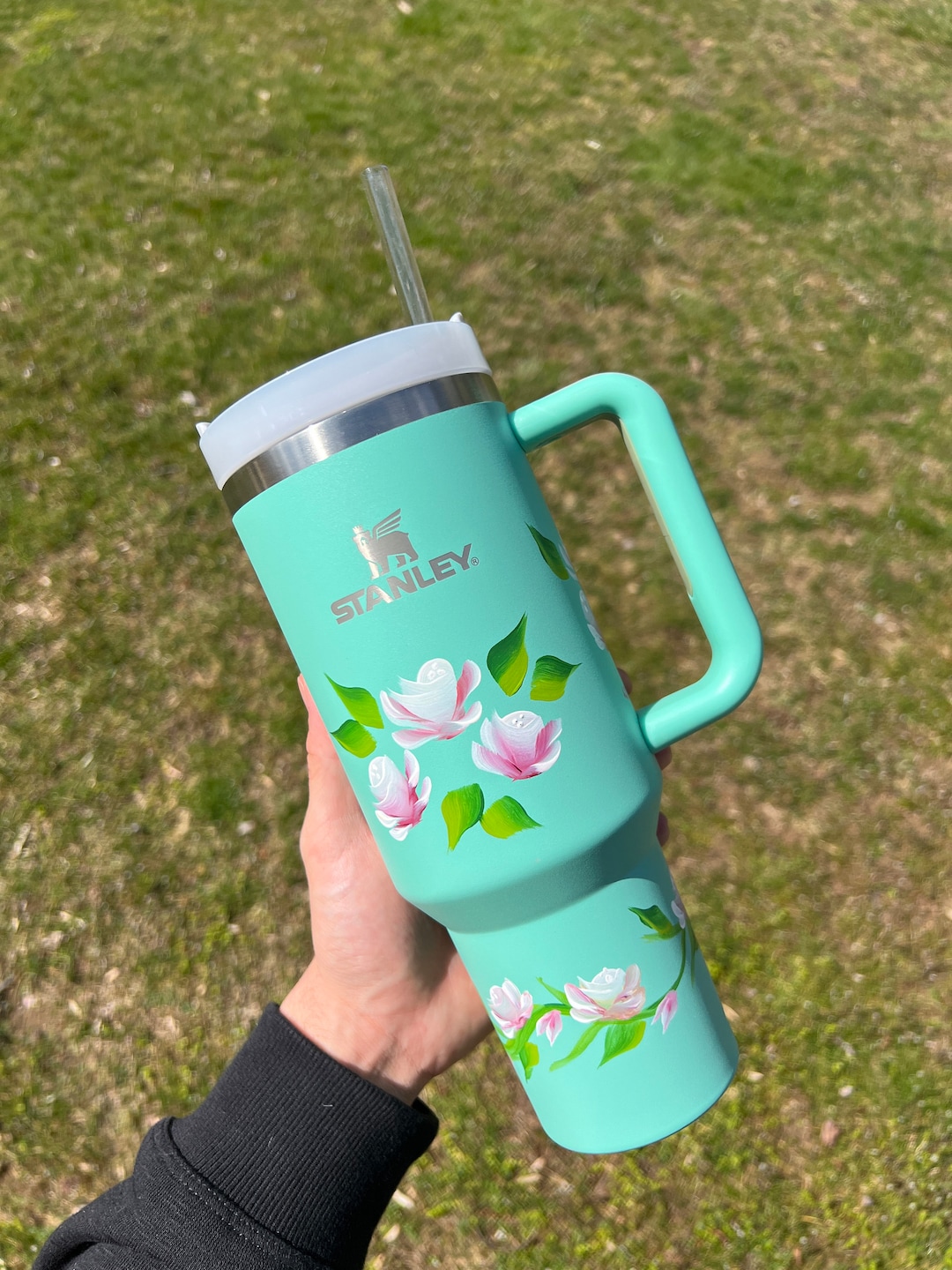Painted Stanley 40oz Teal Tumbler With Rose Design, Custom Painted ...