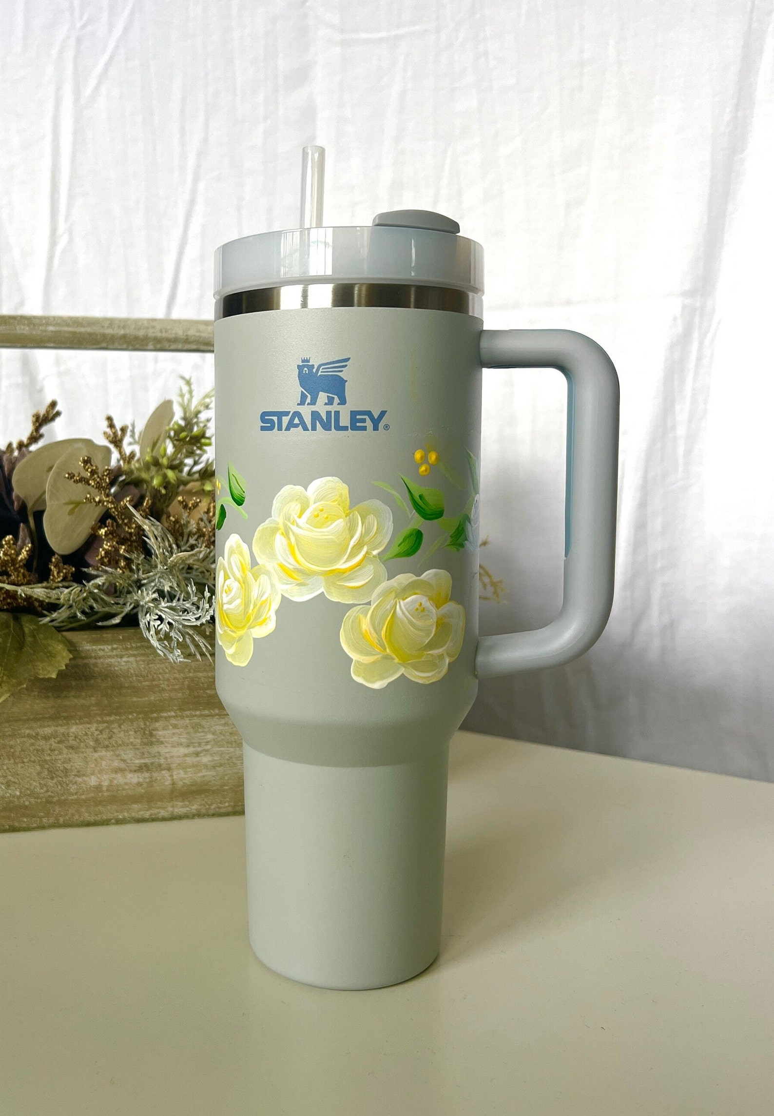 Painted Stanley 40oz Gray Tumbler, Floral Design Painted Stanley Mug ...