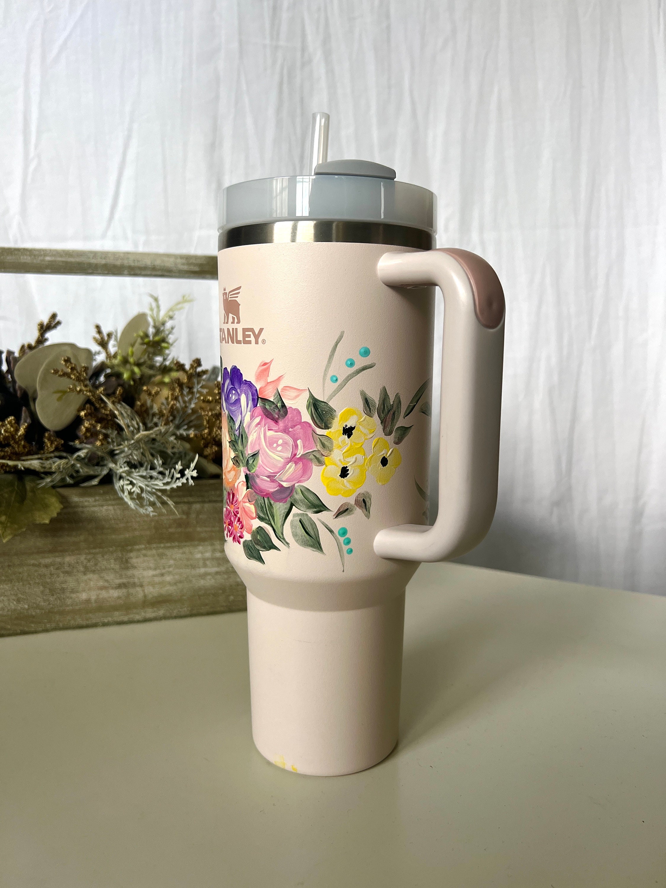 Painted Stanley 40oz Rose Quartz Tumbler, Floral Design Painted Stanley ...