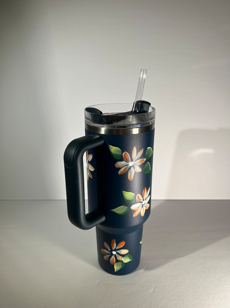 Painted Stanley 40oz Navy Blue Tumbler With Orange Daisies, Floral ...