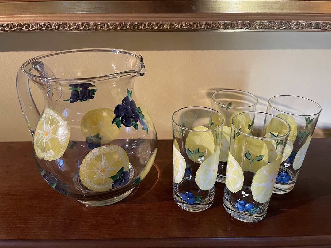 Hand Painted Lemon & Blueberry One Gallon Glass Pitcher Set With Four ...