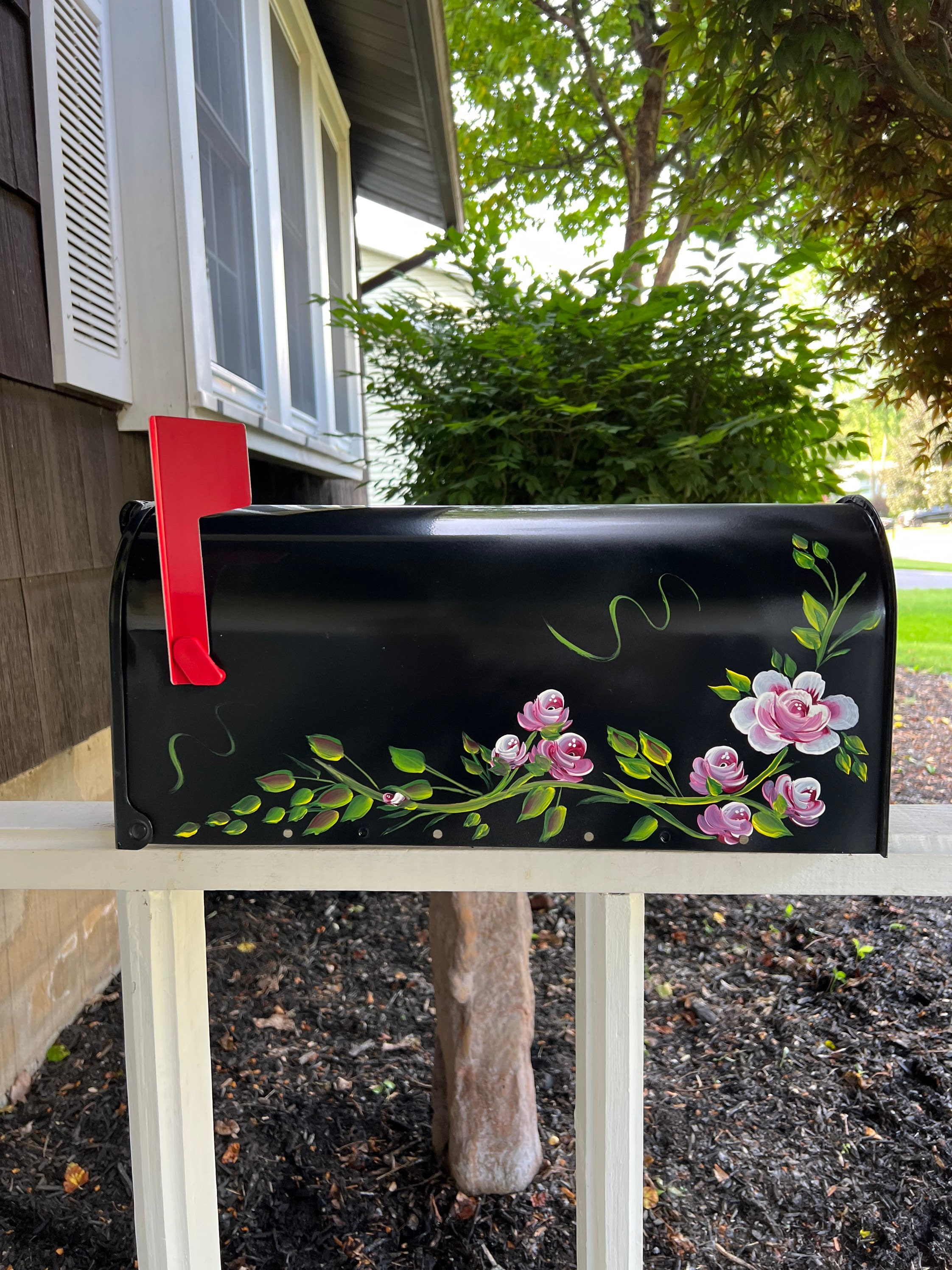 Hand Painted Roses and Vines Mailbox, Standard Size Mailbox With Pink ...