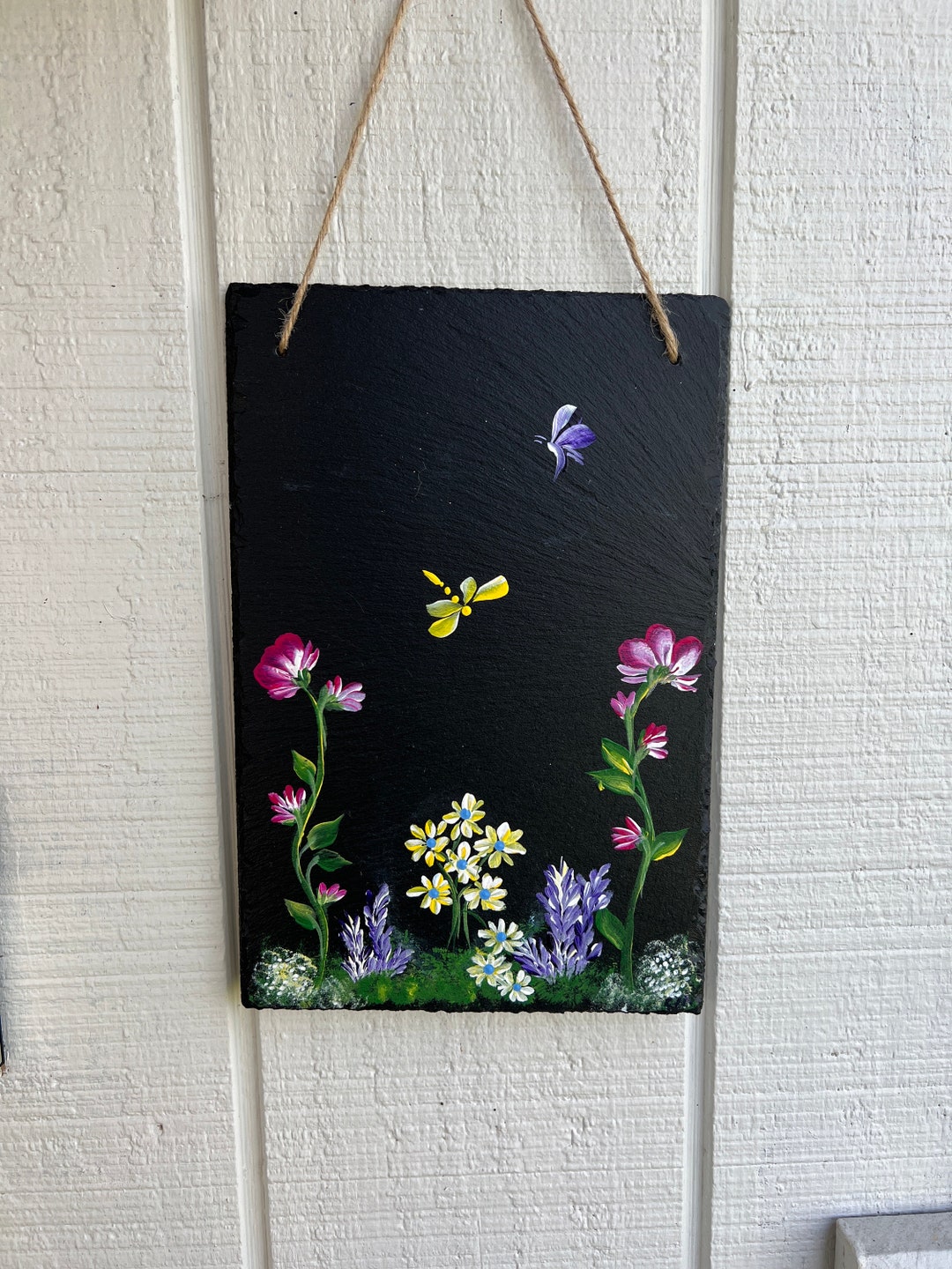 Hand Painted Slate Sign With Dragonfly and Lilac, Hanging Floral Garden ...