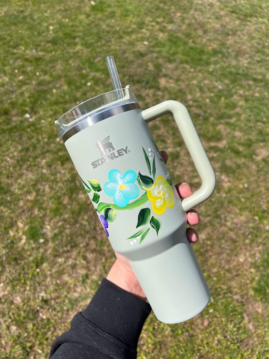 Painted Stanley 40oz Fog-gray Tumbler, Floral Design Painted Stanley ...