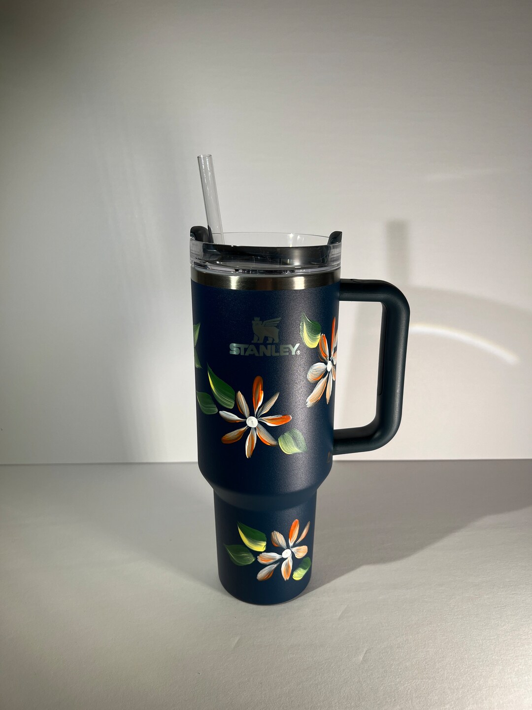 Painted Stanley 40oz Navy Blue Tumbler With Orange Daisies, Floral ...
