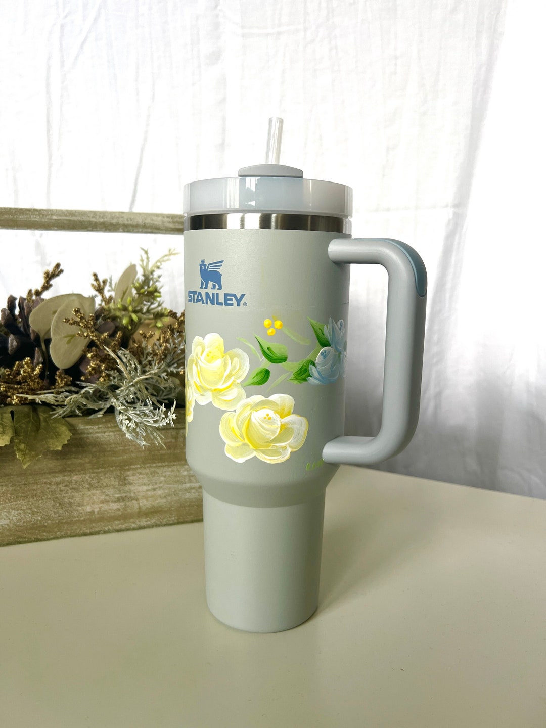 Painted Stanley 40oz Gray Tumbler, Floral Design Painted Stanley Mug ...