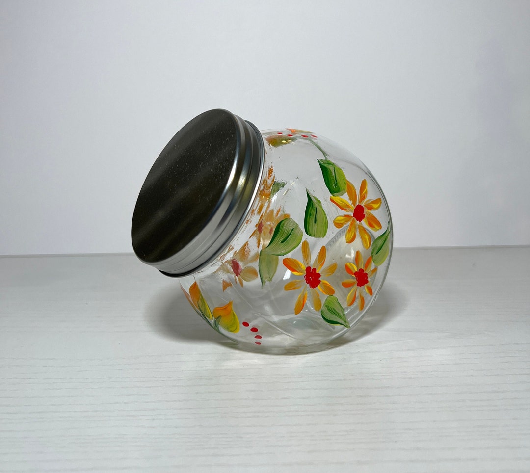 Small Painted Floral Multipurpose Glass Jar With Lid for Candy, Spices ...