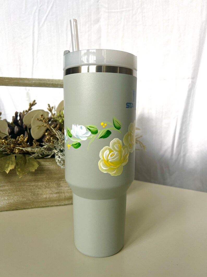 Painted Stanley 40oz Gray Tumbler, Floral Design Painted Stanley Mug ...