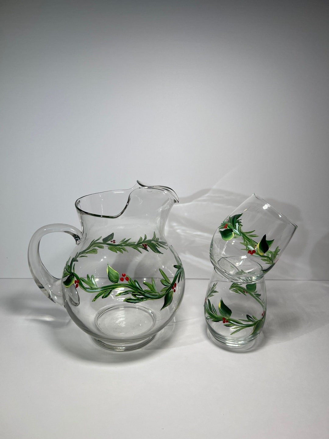 Painted Glass Christmas Pitcher Set With Stemless Glasses, Set or ...