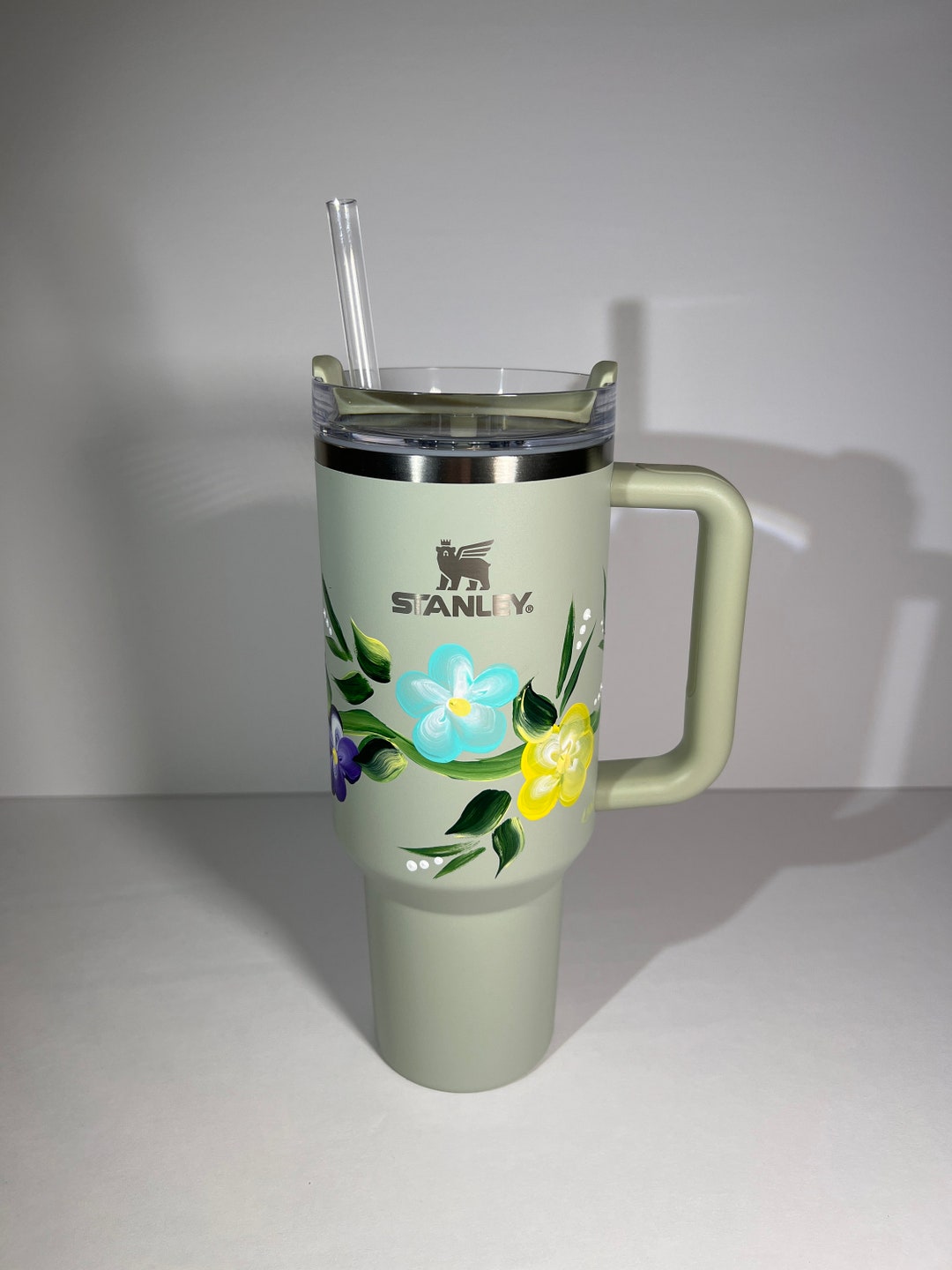 Painted Stanley 40oz Fog Gray Tumbler, Floral Design Painted Stanley ...