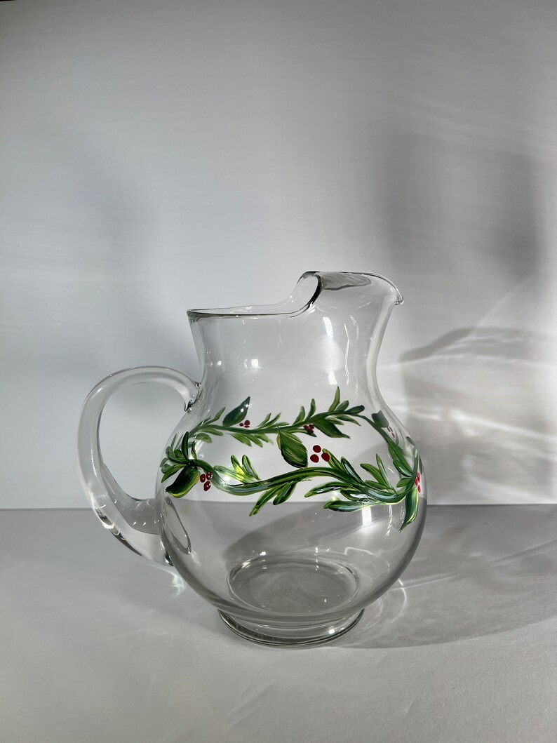 Painted Glass Christmas Pitcher Set With Stemless Glasses, Set or ...