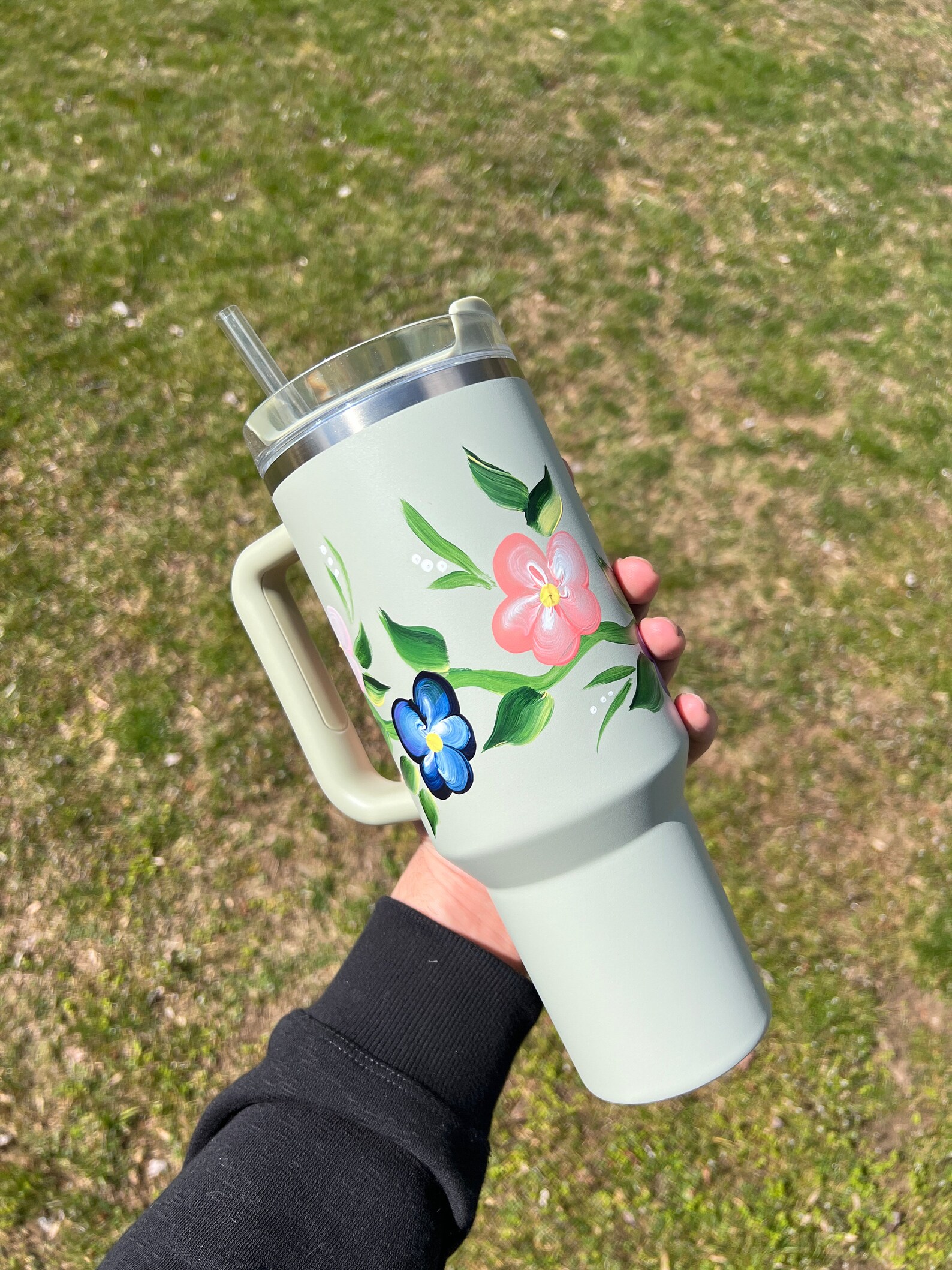 Painted Stanley 40oz Fog-gray Tumbler, Floral Design Painted Stanley ...