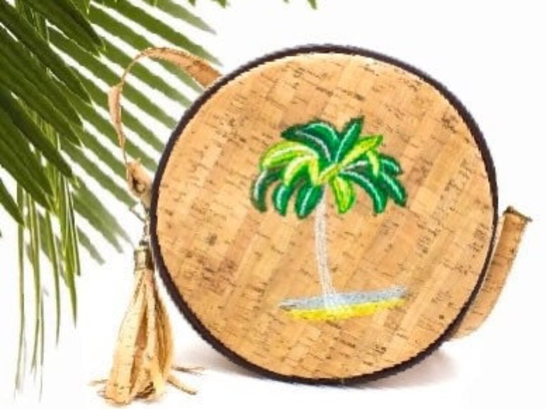 Round Handbag With Embroidered Palm Tree Design - Eco-friendly and ...