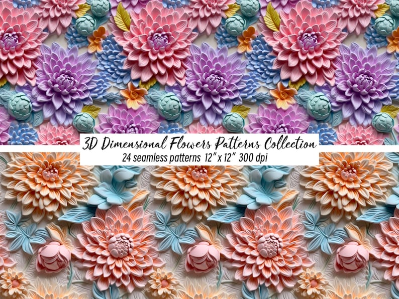 24 Designs 3D Flowers Digital Papers, Seamless Pattern, 3D Flower ...