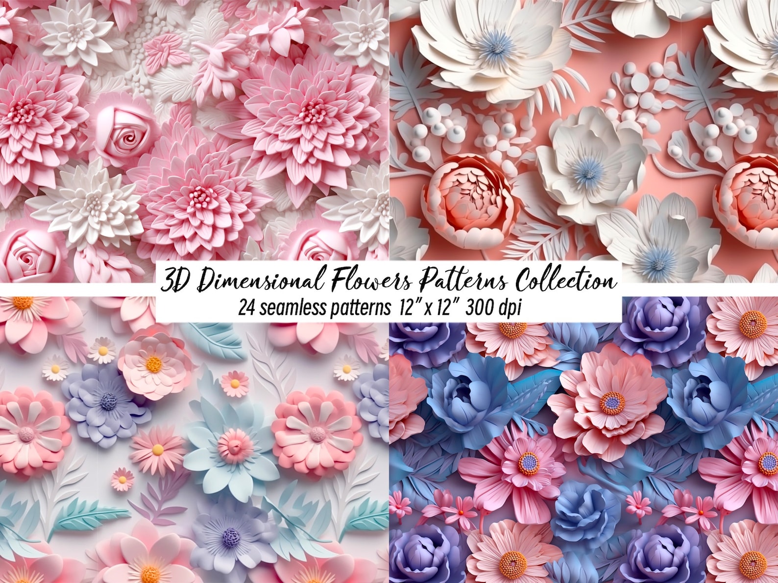 24 Designs 3D Flowers Digital Papers, Seamless Pattern, 3D Flower ...