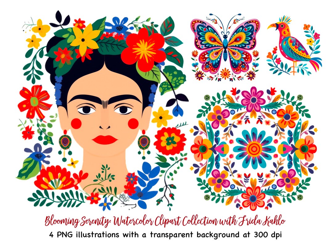 4 Frida Kahlo PNG Cliparts, Frida Kahlo and Flowers Sublimation, Set of ...