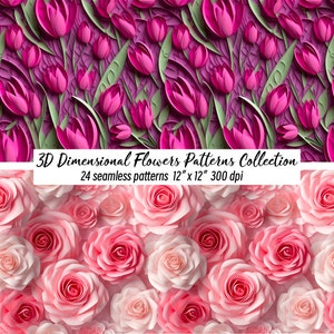 24 Designs 3D Flowers Digital Papers, Seamless Pattern, 3D Flower ...