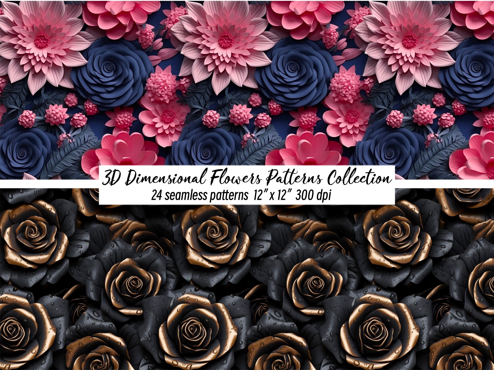 24 Designs 3D Flowers Digital Papers, Seamless Pattern, 3D Flower ...