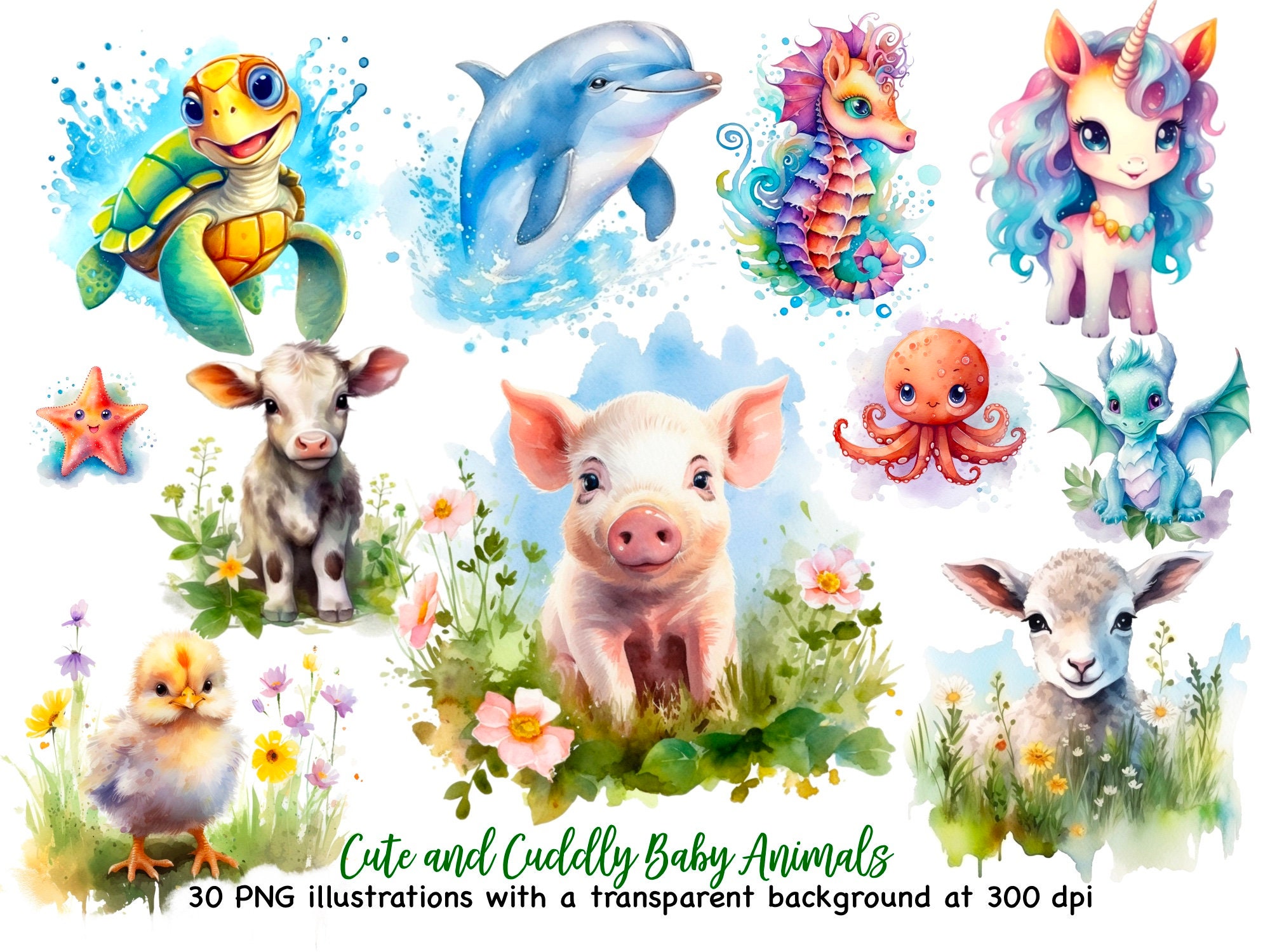 30 Watercolor Baby Animals Clipart, 30 Whimsical Baby Animal Clipart ...