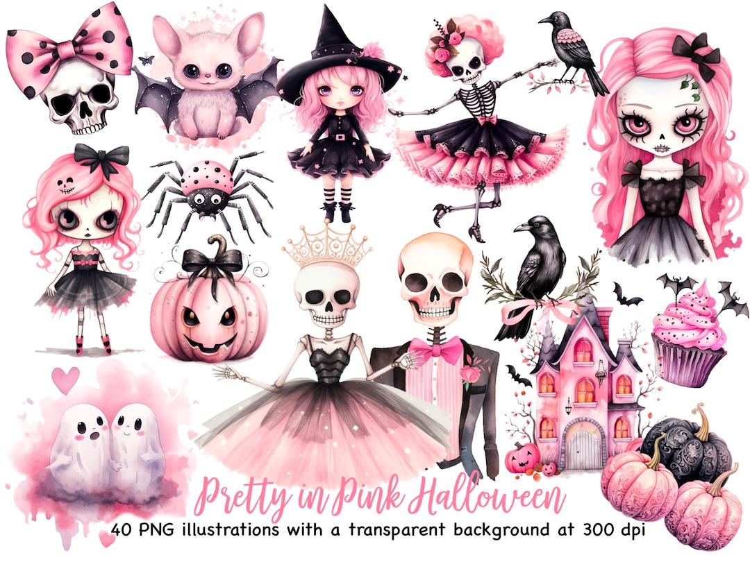 40 Watercolor Pink Halloween Clipart SVG PNG, Cute Halloween SVG Bundle ...