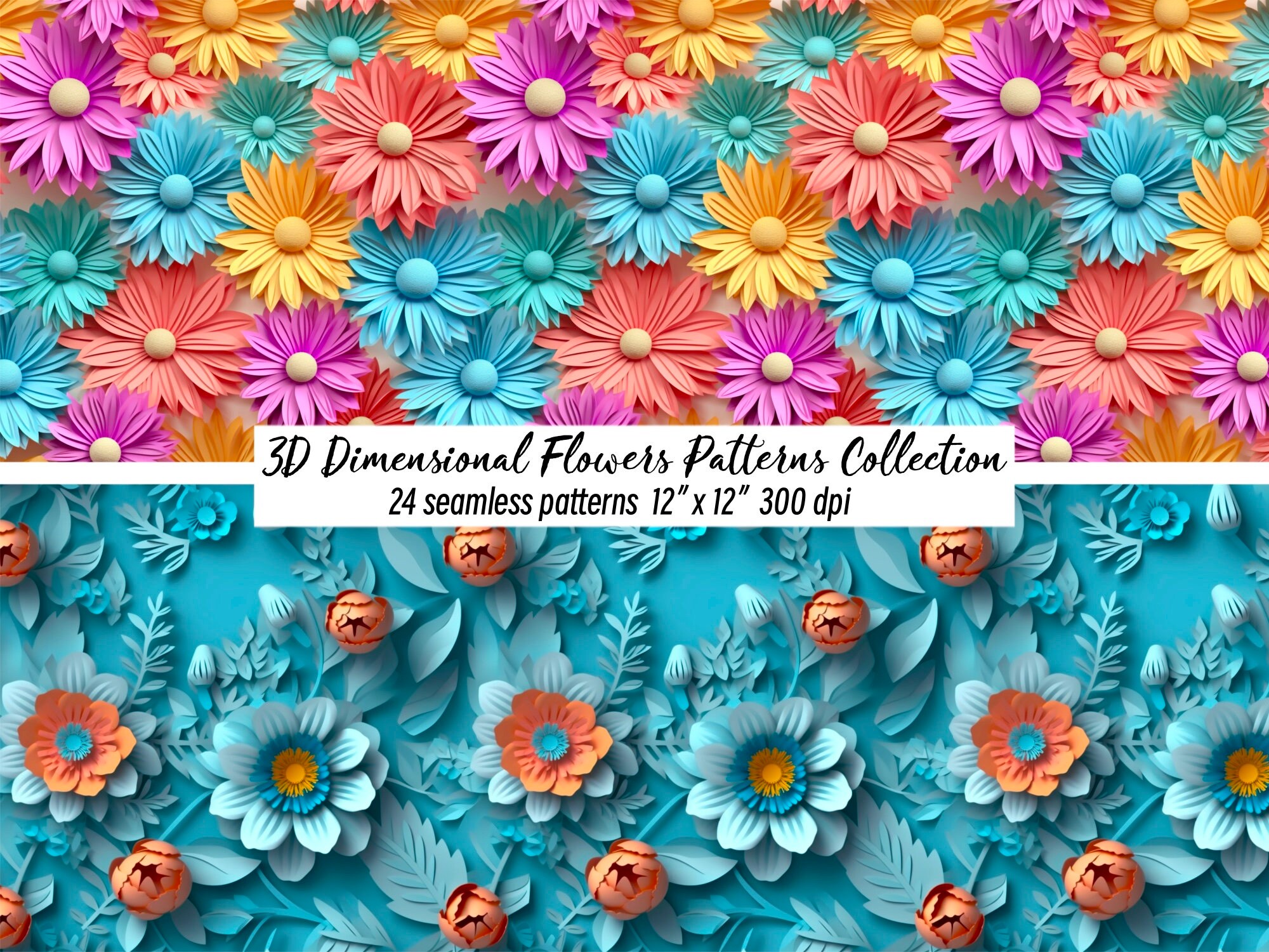 24 Designs 3D Flowers Digital Papers, Seamless Pattern, 3D Flower ...