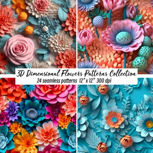 24 Designs 3D Flowers Digital Papers, Seamless Pattern, 3D Flower ...