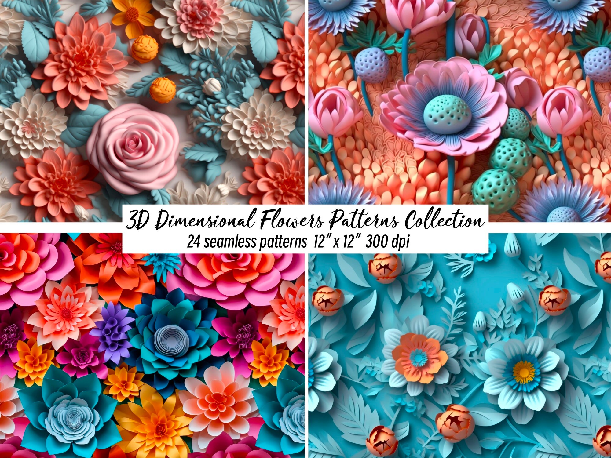 24 Designs 3D Flowers Digital Papers, Seamless Pattern, 3D Flower ...