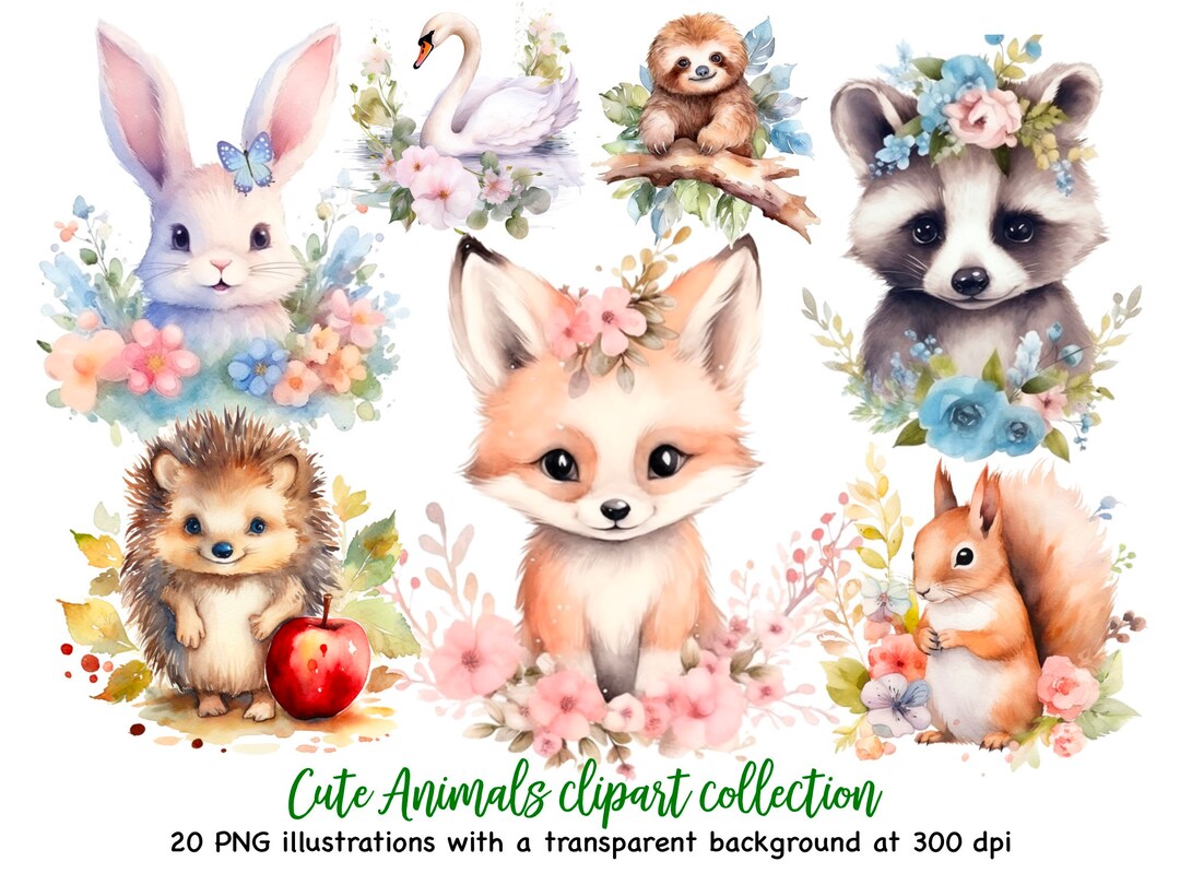 20 Watercolor Baby Animal Clipart, Forest Animals Clip Art, Watercolor ...