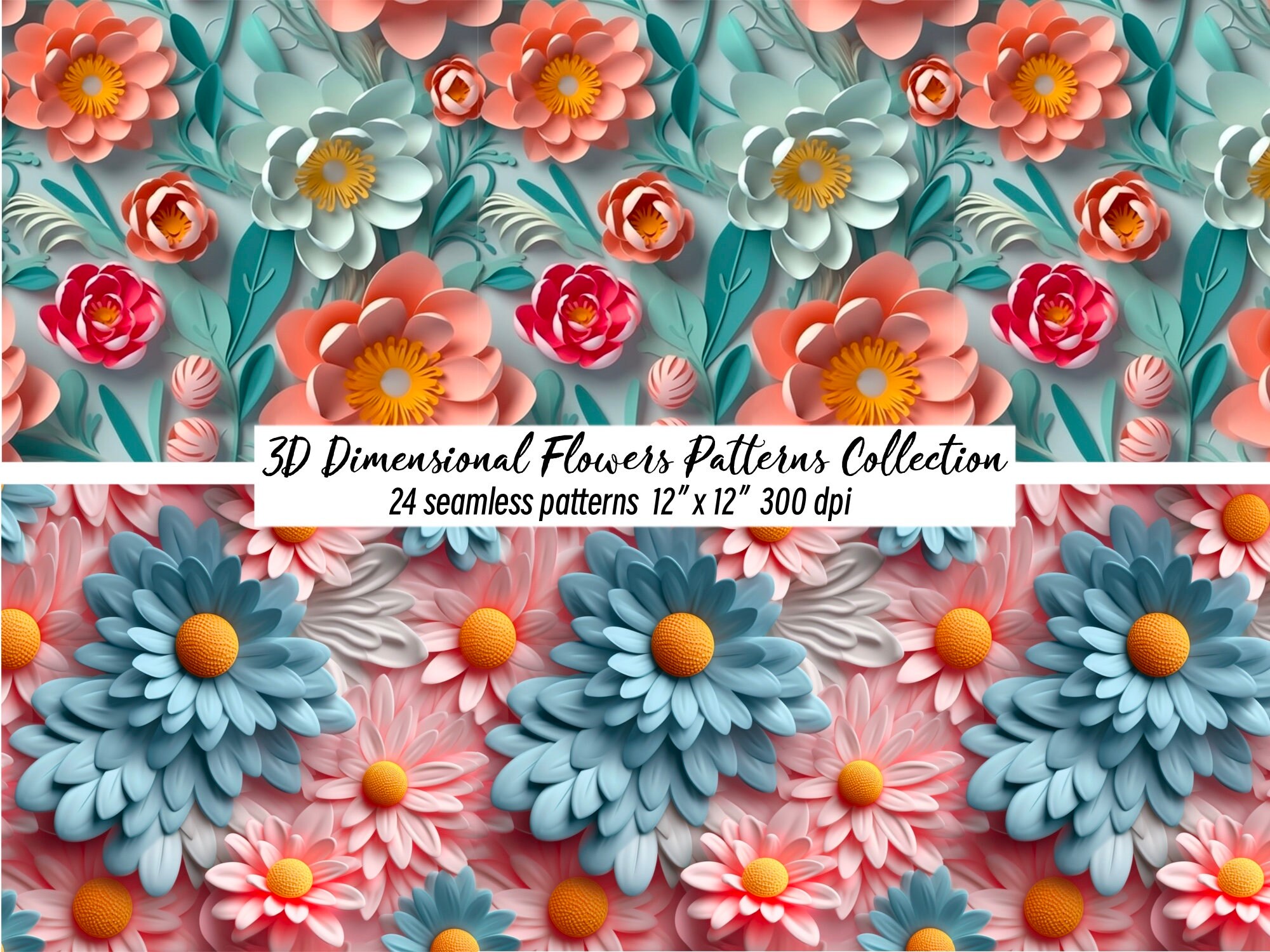 24 Designs 3D Flowers Digital Papers, Seamless Pattern, 3D Flower ...