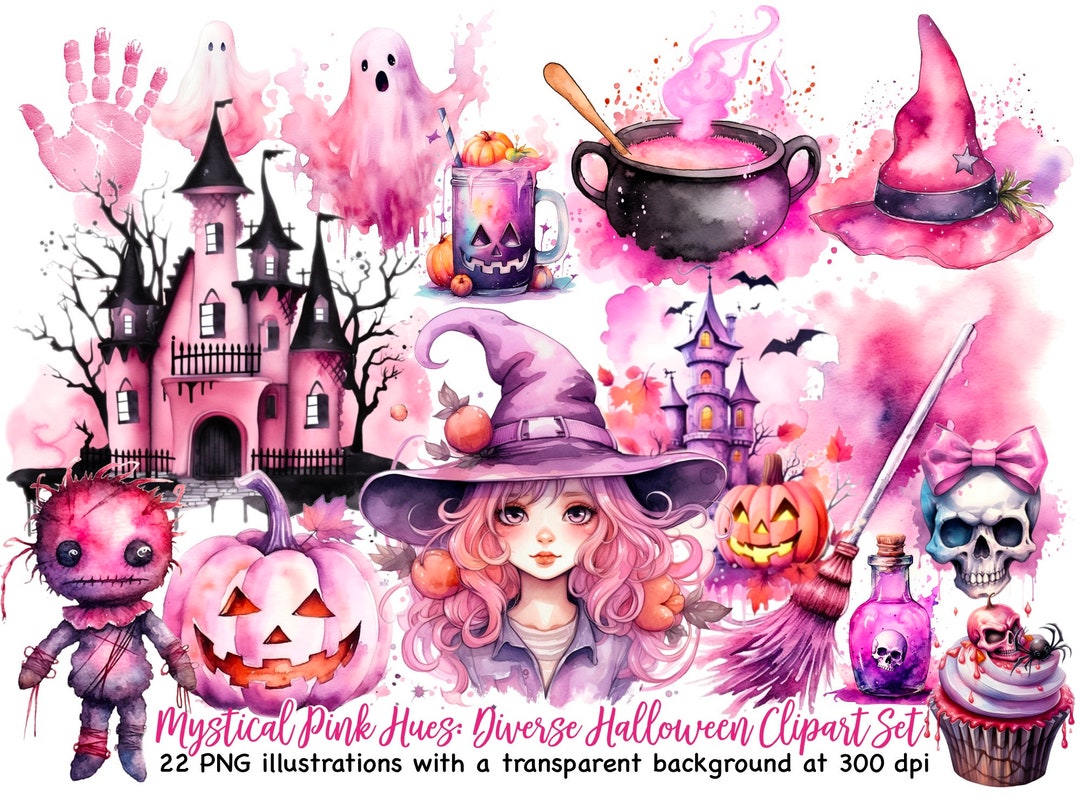 Watercolor Pink Halloween Clipart SVG PNG, Cute Halloween SVG Bundle ...