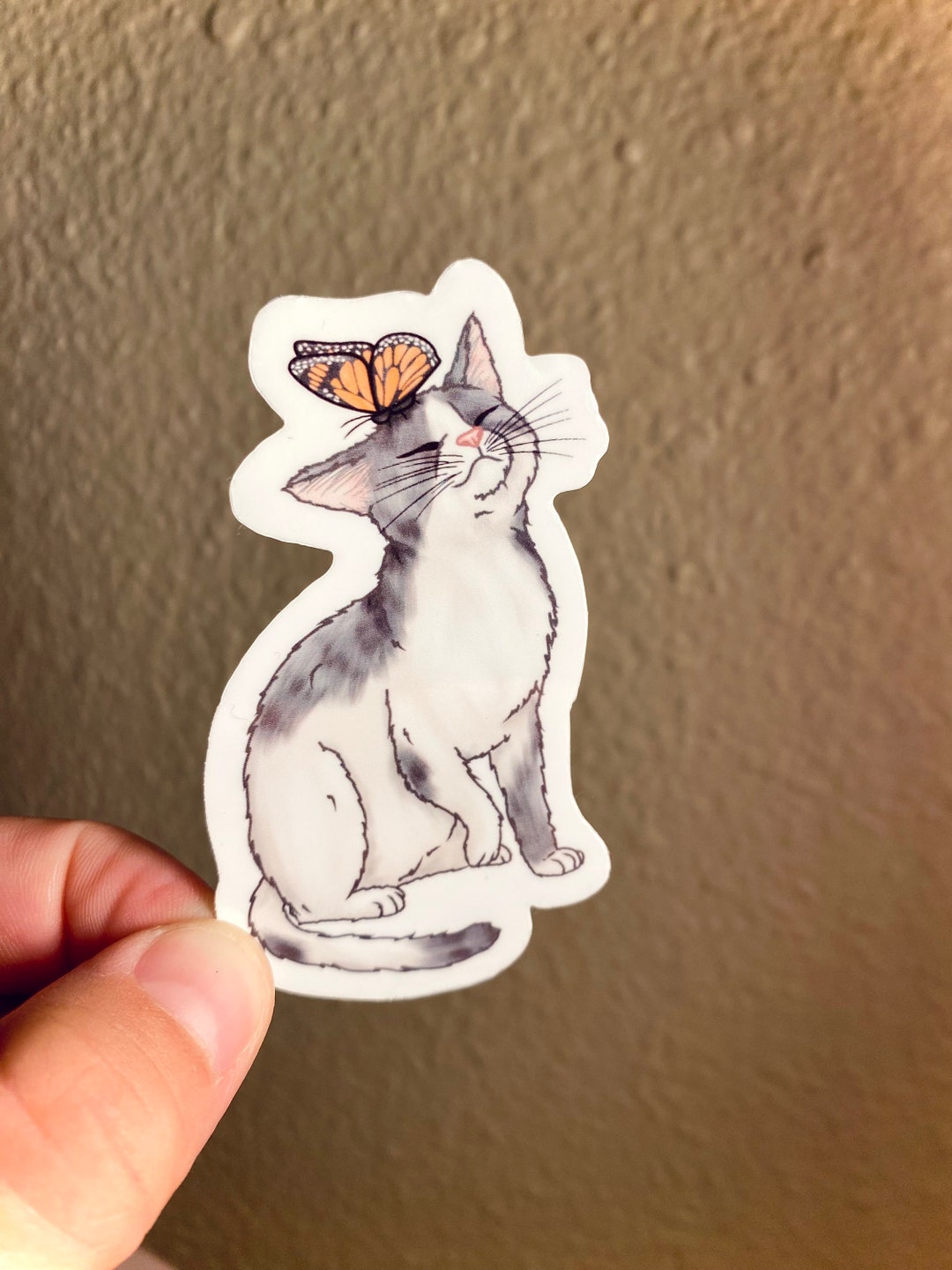 Butterfly Cat Vinyl Sticker - Tabby Cat With Monarch - Whimsical Cat ...