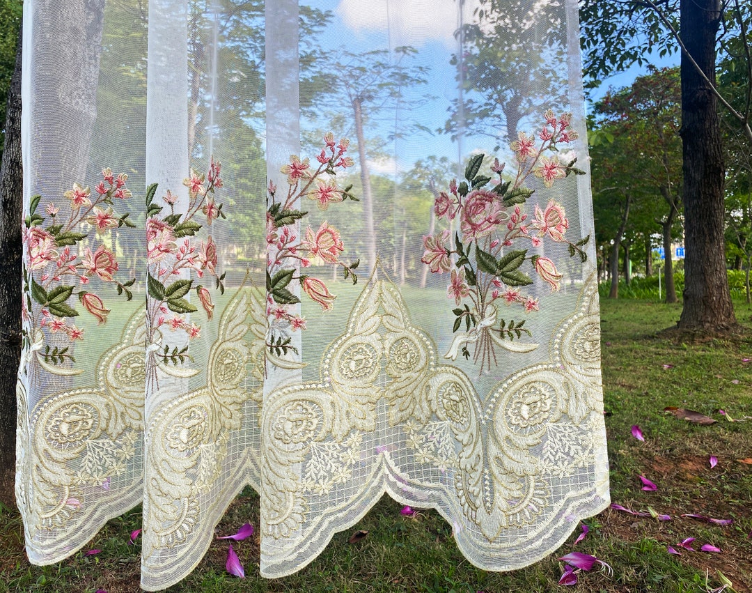 Vintage Floral Sheer Embroidered Curtains Romantic Lace Trim for ...
