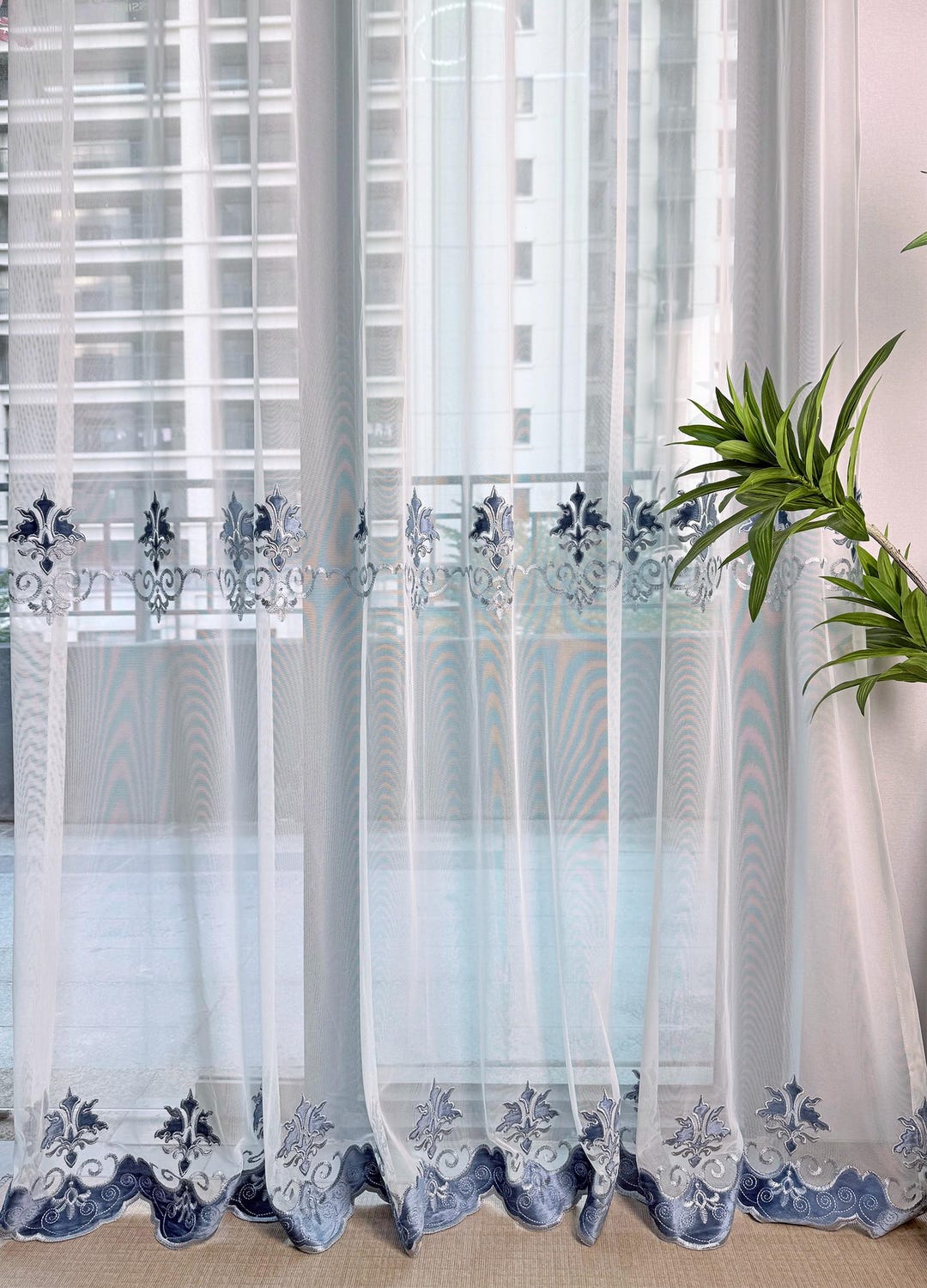 Blue Sheer Flocked Embroidered Vintage Curtains Custom Size Cafe ...