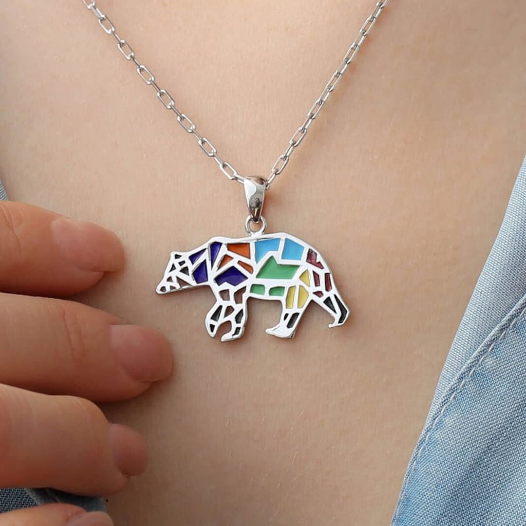 Silver Bear Necklace | Colorful Fine Enamel Sterling Silver Pendant and Chain | Unique Handmade ...