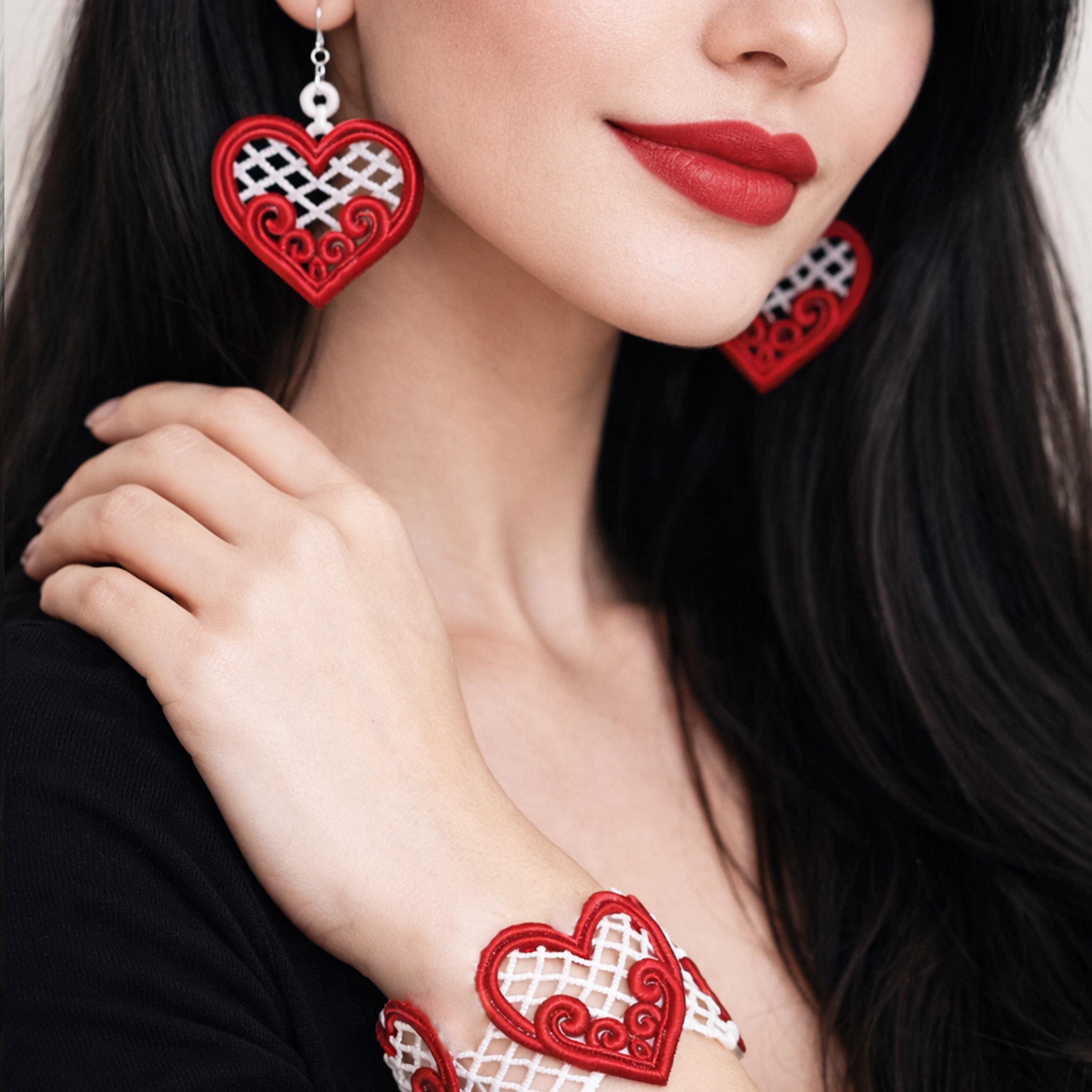 FSL Heart Jewelry Set Embroidery Design | Lace Earrings and Bracelet ...