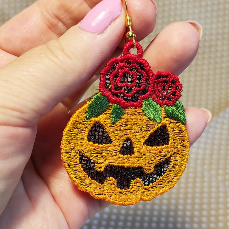 FSL Pumpkin Earrings With Roses – Halloween Freestanding Lace Machine ...