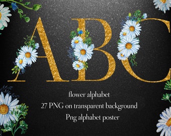 Daisy Flower alphabet Watercolor Floral Alphabet Letter with Chamomile ...