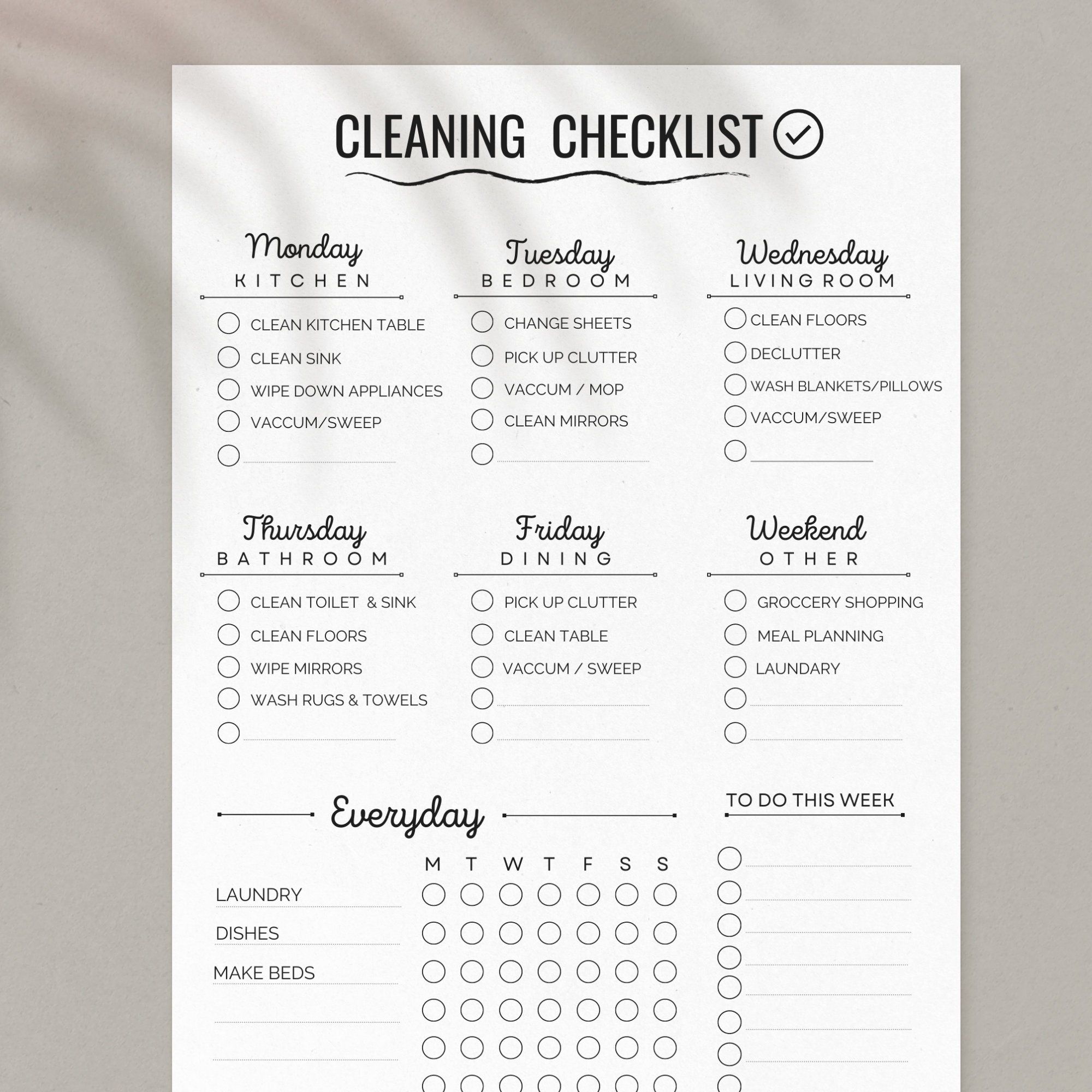 Weekly Cleaning Checklist Printable | Minimalist Cleaning Schedule ...