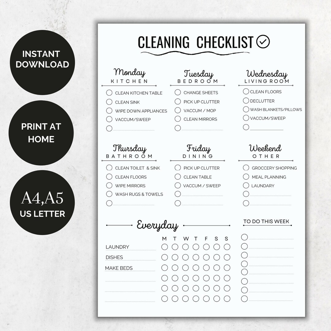 Weekly Cleaning Checklist Printable | Minimalist Cleaning Schedule ...