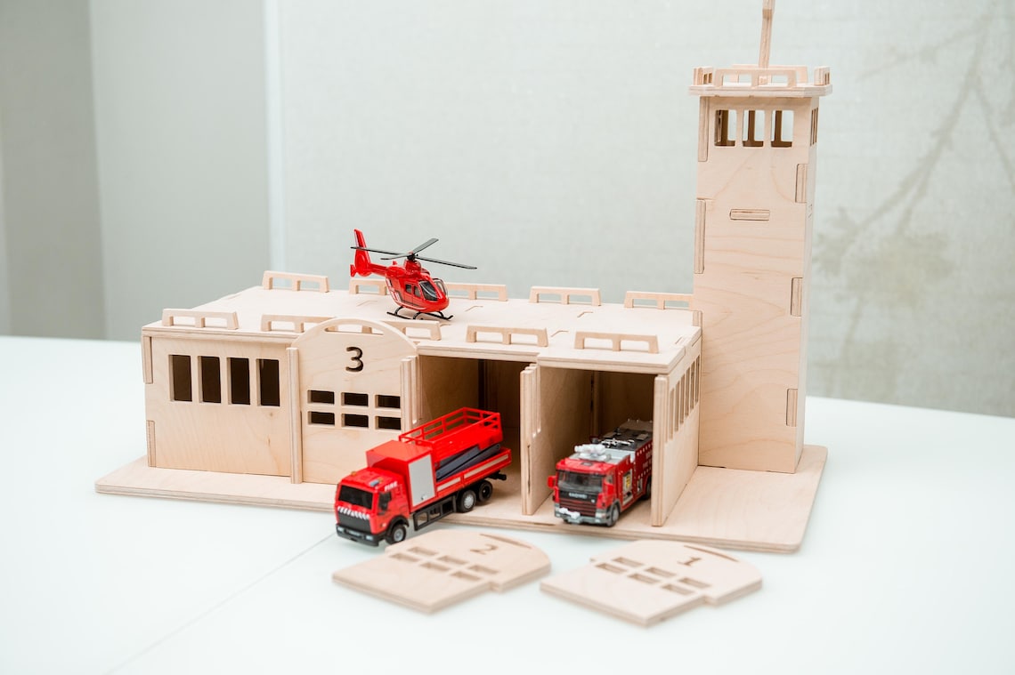 Fire Station Set Wooden Kids Fire Station Set Wooden toy 3D | Etsy