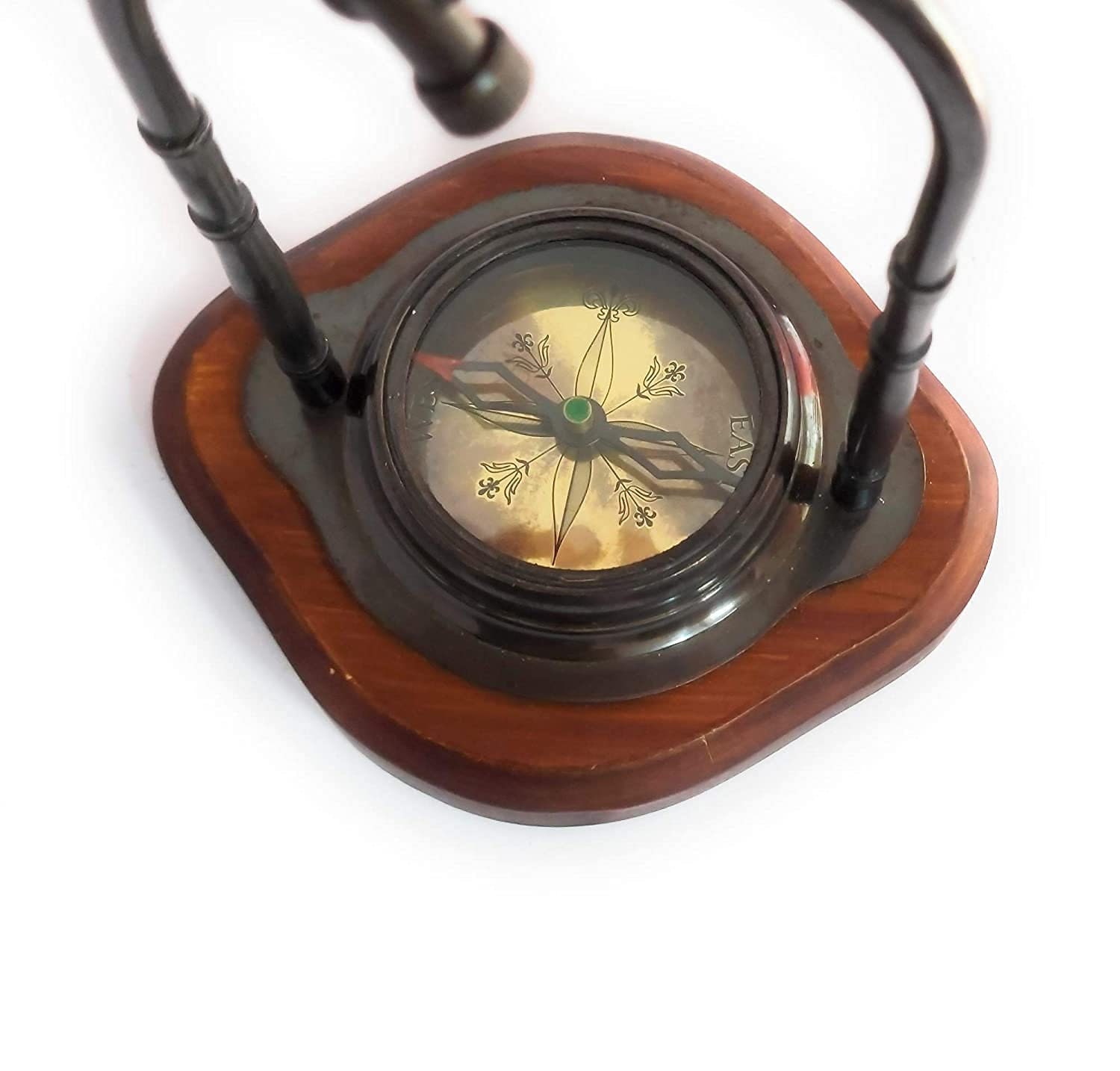 Antique Brass Desktable Clock With Wood Base Brass Compass Working ...
