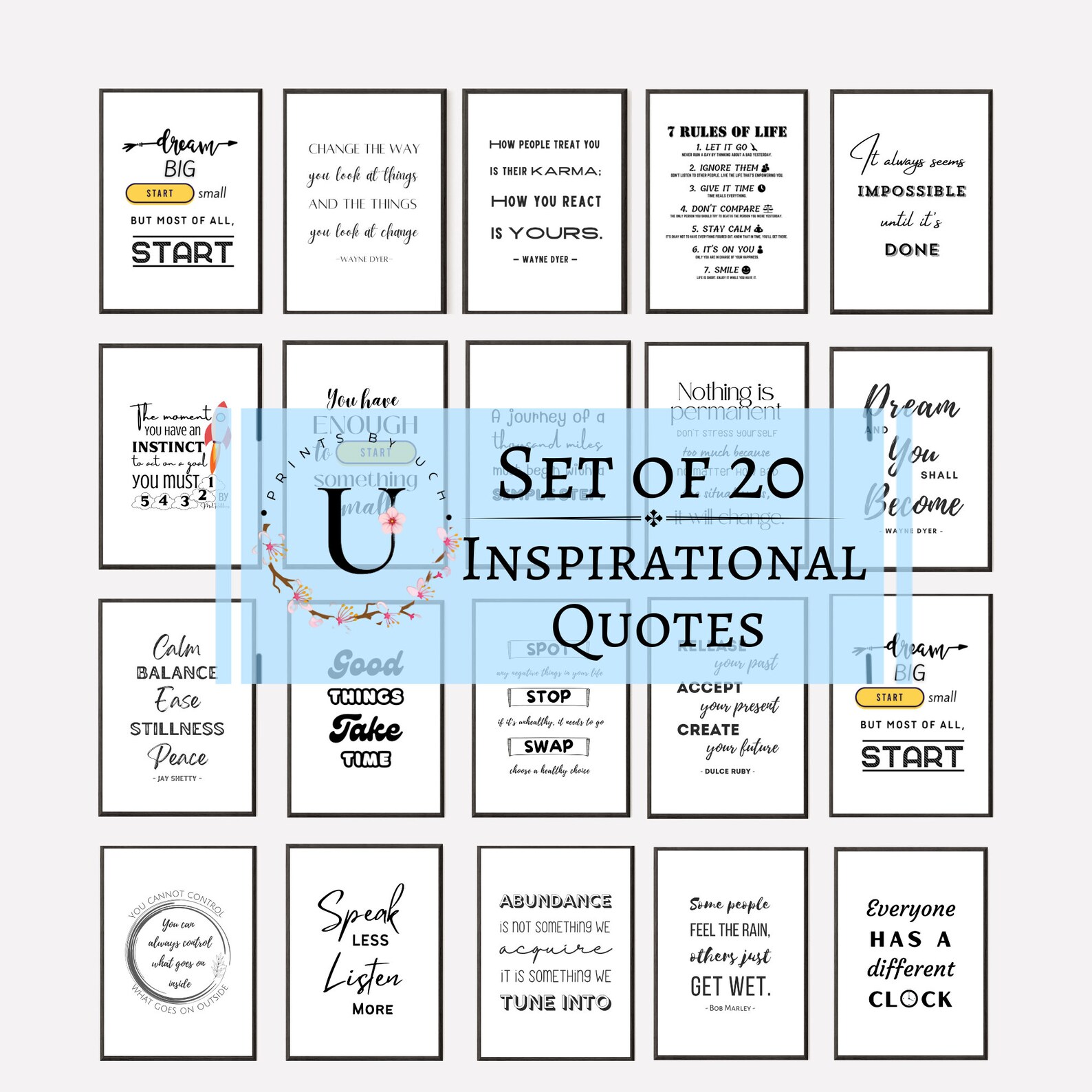 Minimal Wall Art Set of 20, Quotes About Life, Inspirational Quotes ...