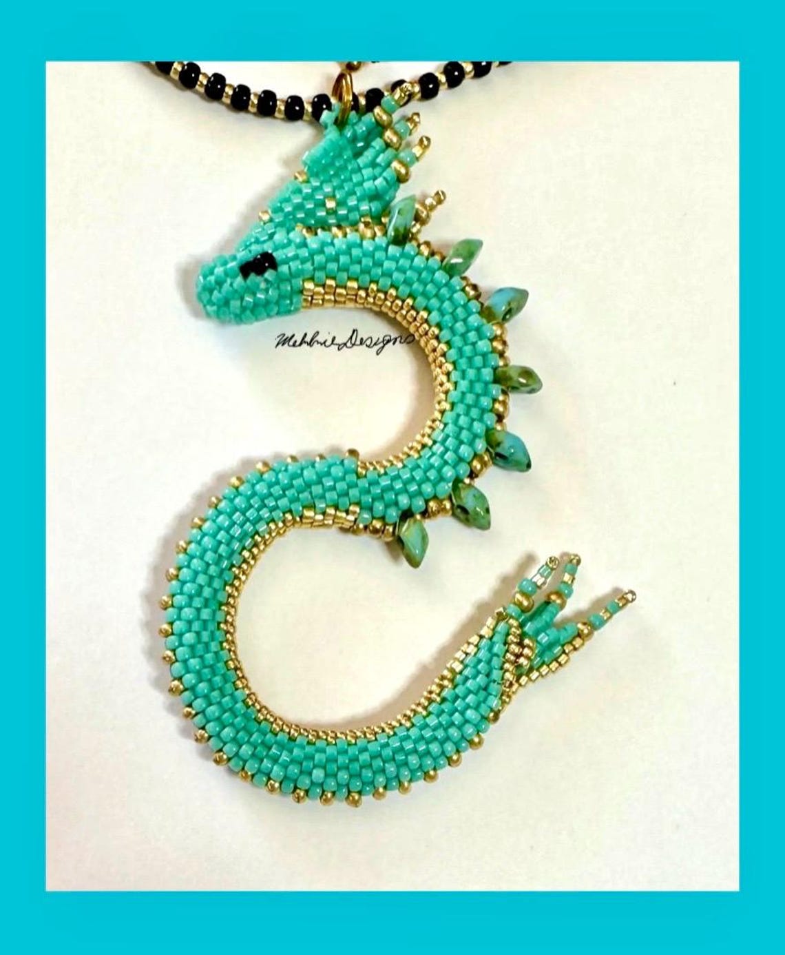 S-shaped Beaded Dragon Pendant Necklace, 3D, Handmade With Aqua Blue ...